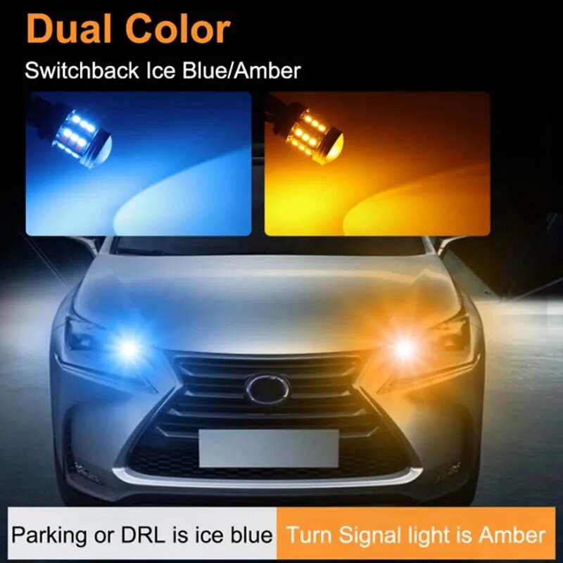Двухцветные Светодиодные Автомобильные Лампы T20 7443 Ice Blue And Amber, 1157 BAY15D P21/5W, 2PCS