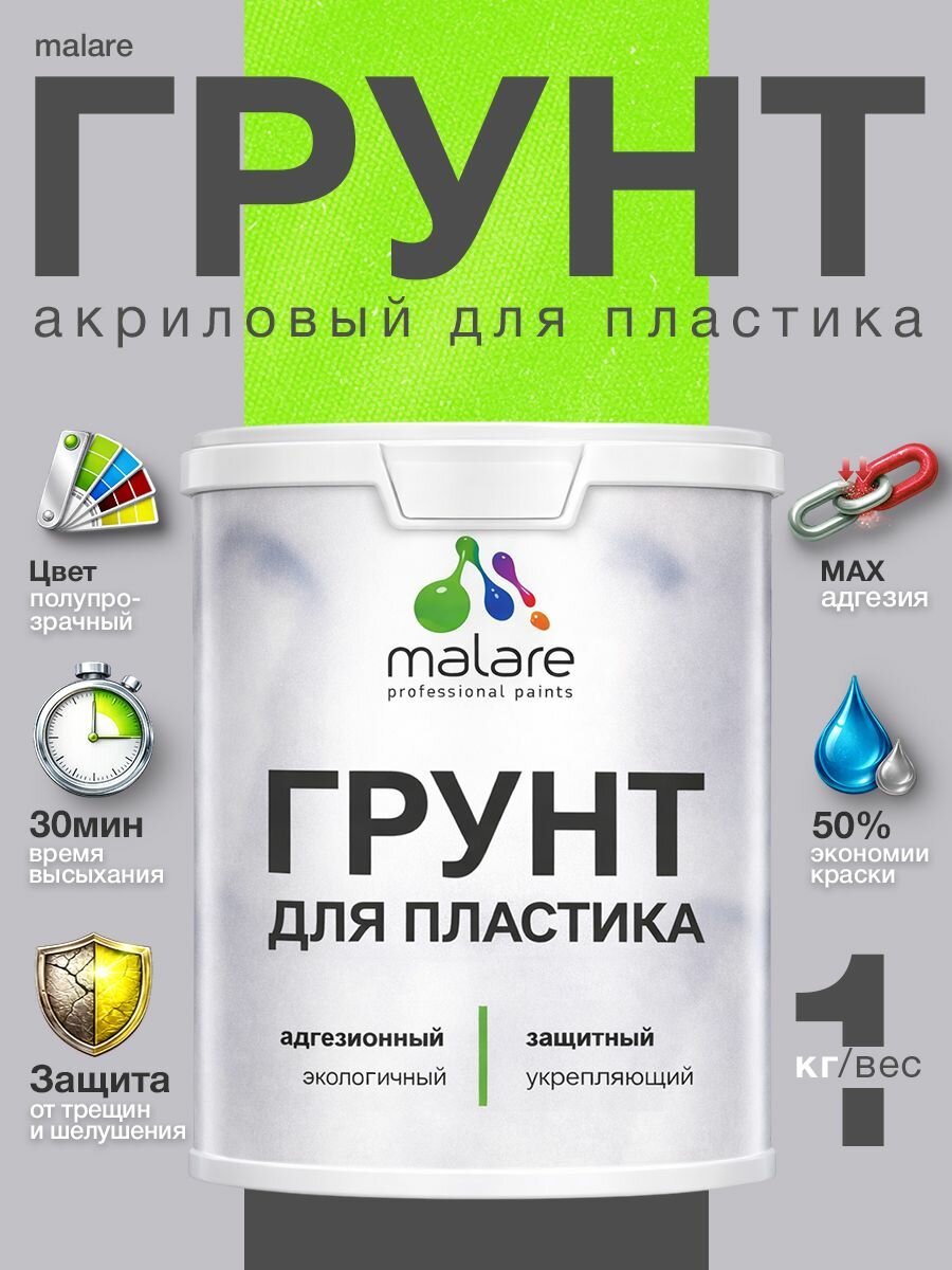 Грунт для пластика Malare акриловый адгезионный, без запаха быстросохнущий, полупрозрачный, 1 кг.