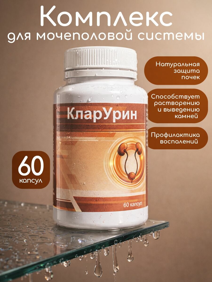 Комплекс для мочеполовой системы КларУрин, активные ингредиенты, натуральный состав, 60 капсул