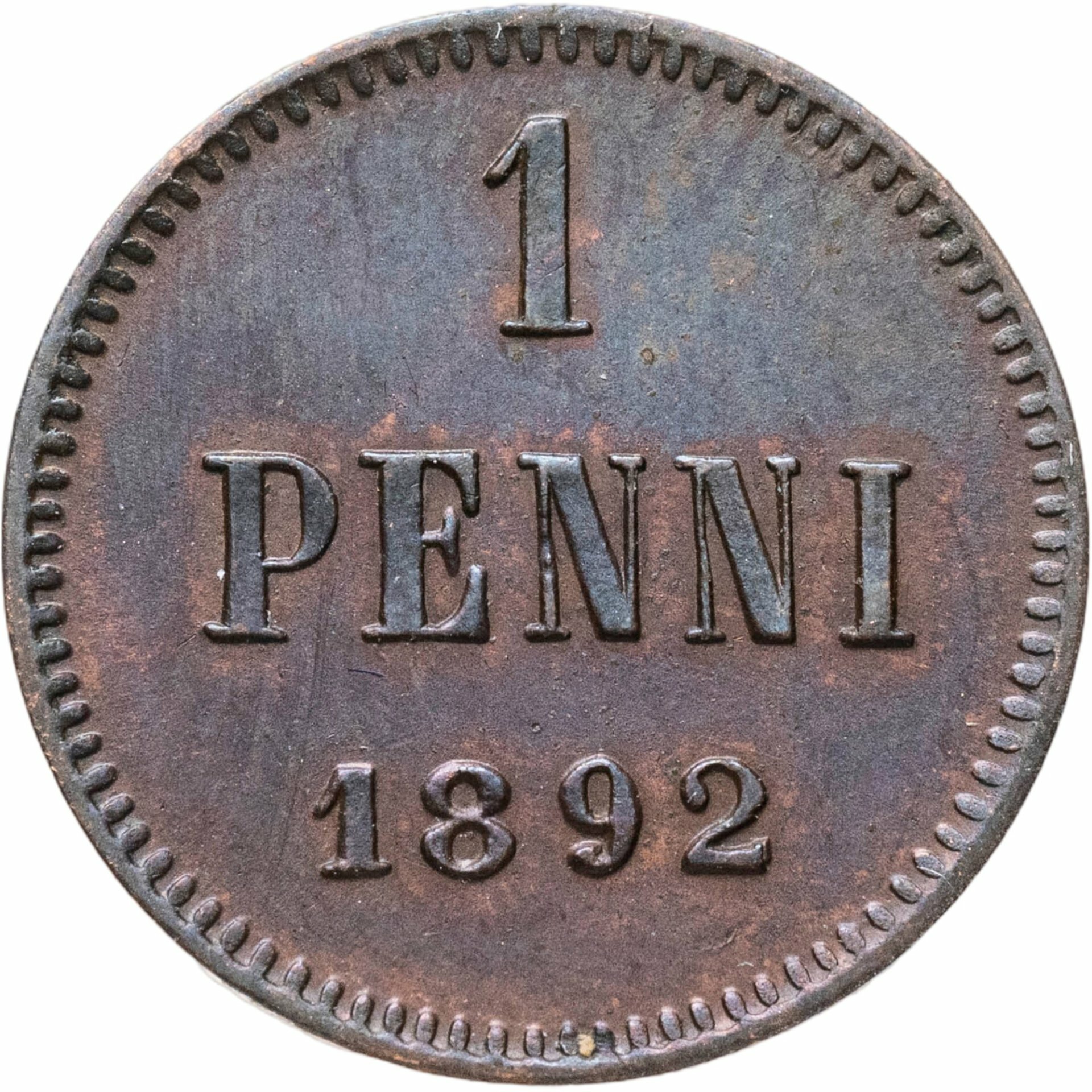 1 пенни penni 1892, монета для Финляндии, Медь, в сохранности AU
