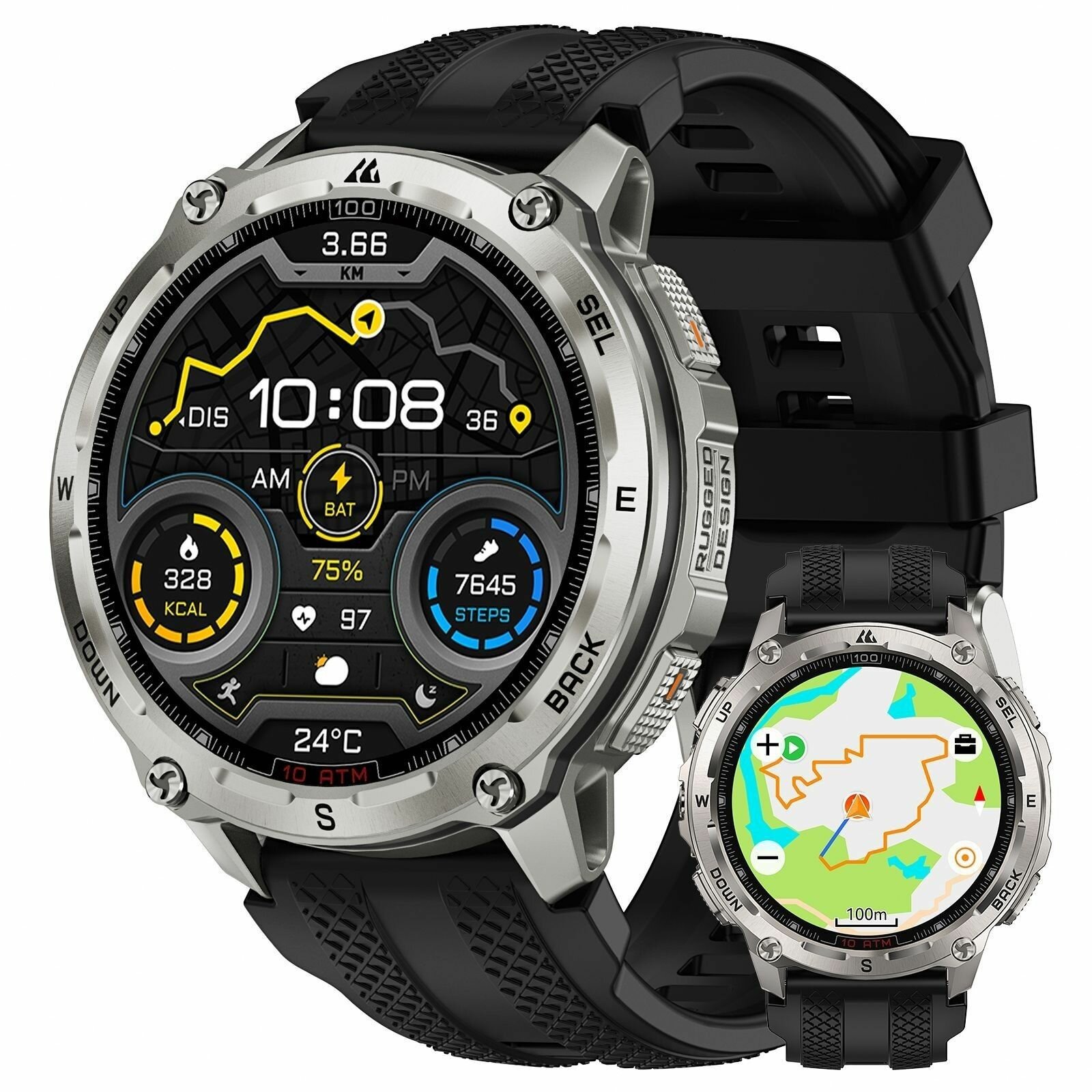 KOSPET TANK T4 GPS-смарт-часы для мужские, Военный стандарт, Полностью из нержавеющей стали, 150 м водонепроницаемости, офлайн-карты и отслеживание здоровья, серебро