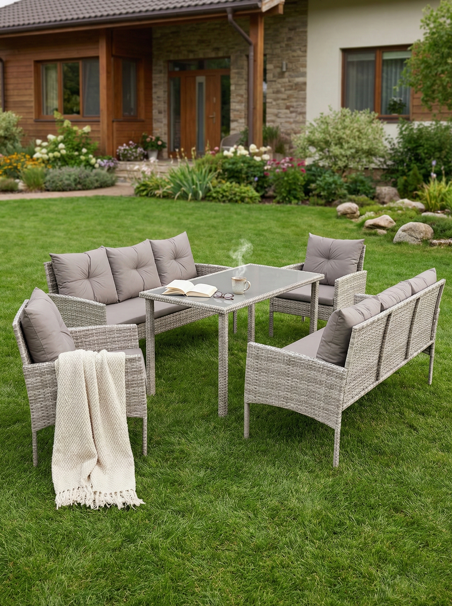 Комплект для обеда и отдыха из искусственного ротанга Фьорд-8 (Fjord-8), серый