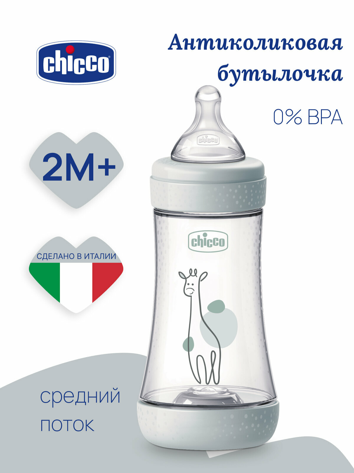 Бутылочка для новорожденных Chicco Perfect5 антиколиковая 240 мл, средний поток