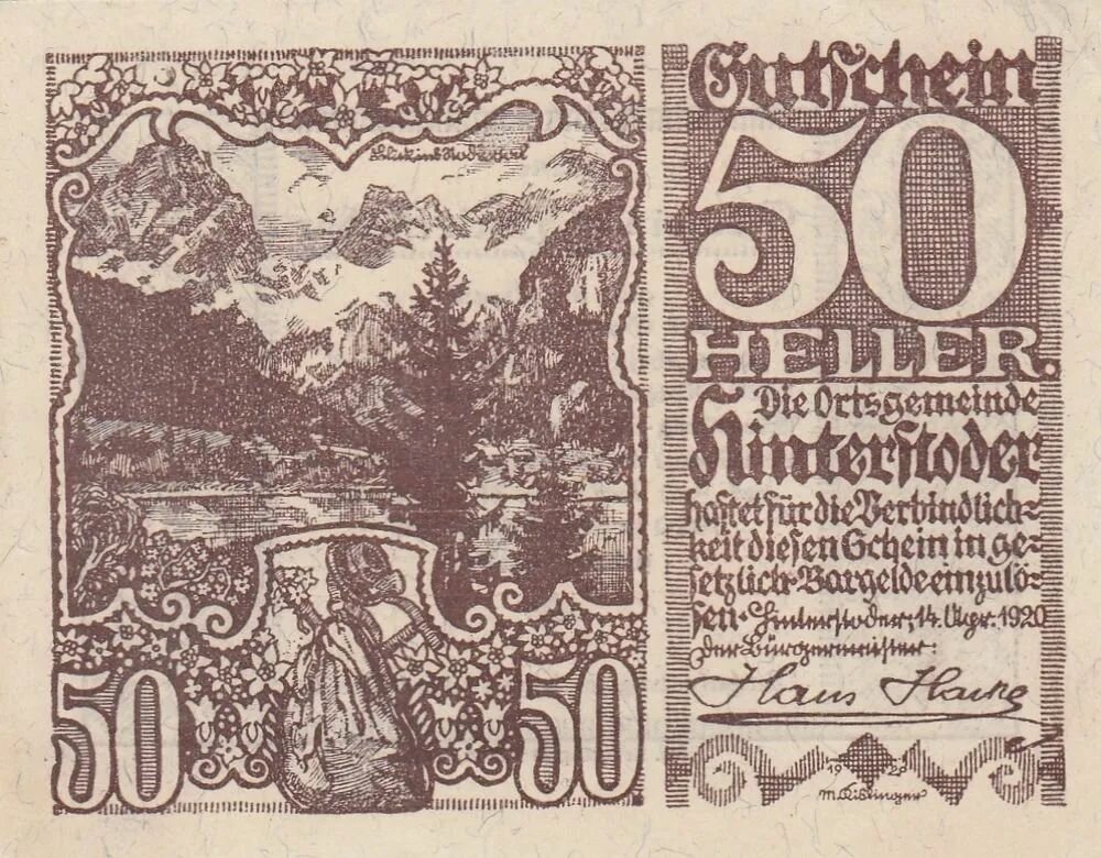 Австрия 50 геллеров 1920 Хинтерштодер aUNC — фото 1