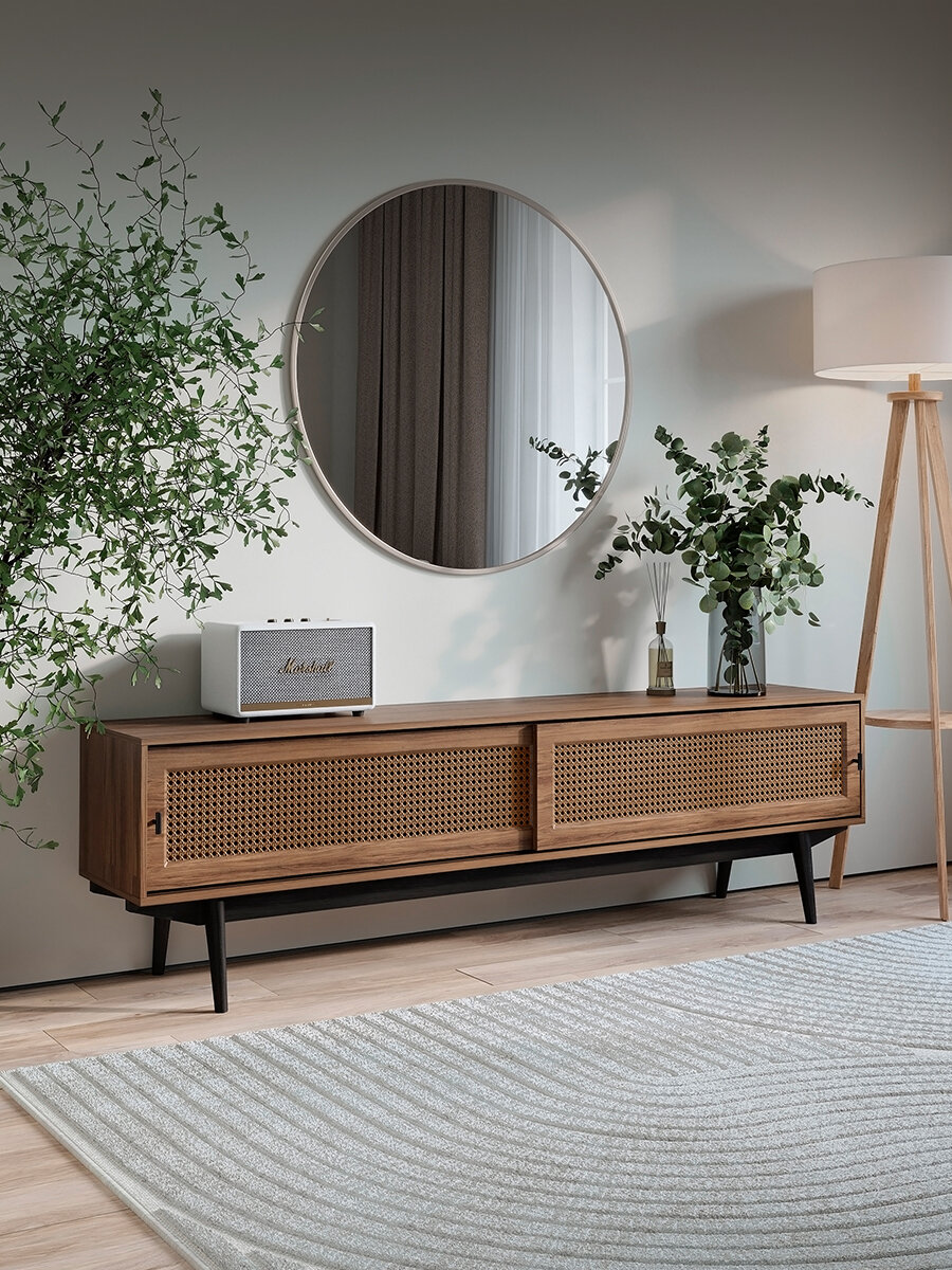 Тумба под телевизор напольная Puzzlemebel Бохо, фасад из плетенного ротанга на ножках, длина 180 см, коричневый