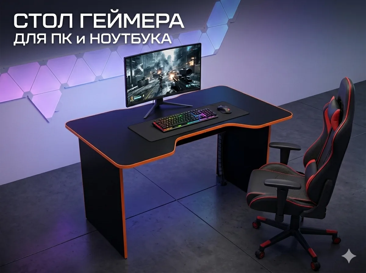 Стол компьютерный игровой, чёрный ЛДСП/оранжевый кант,130Х75Х78 СМ