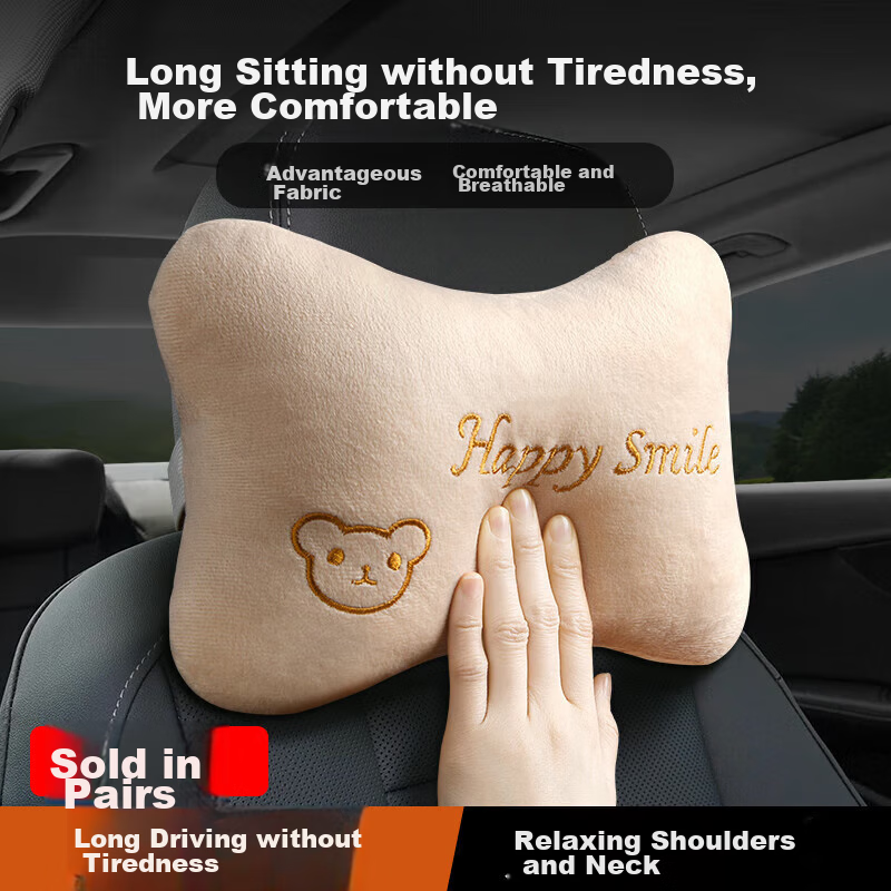 Huashi Car Headrest, Neck Pillow, Vehicle Headrest, Car Seat Cushion, Neck Support Pillow, Embroidered Style [Small Bear Beige]