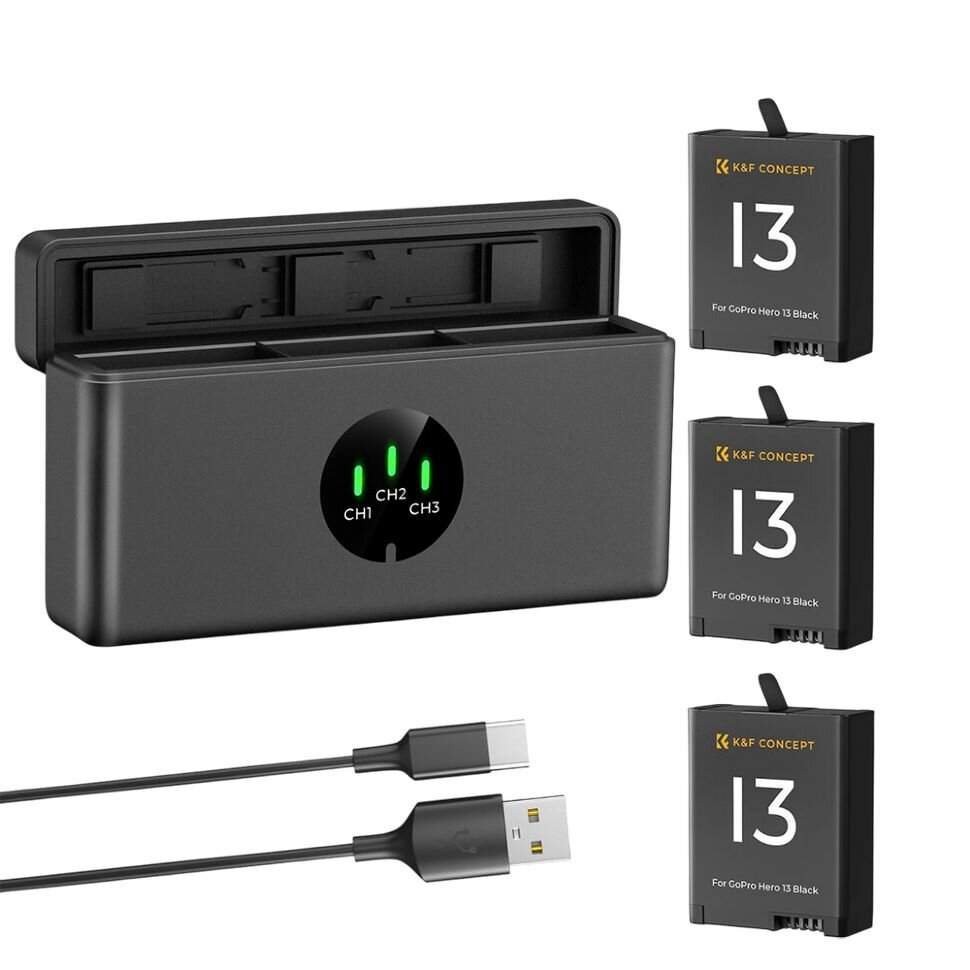 3 аккумулятора Enduro + зарядный кейс K&F Concept для GoPro Hero13