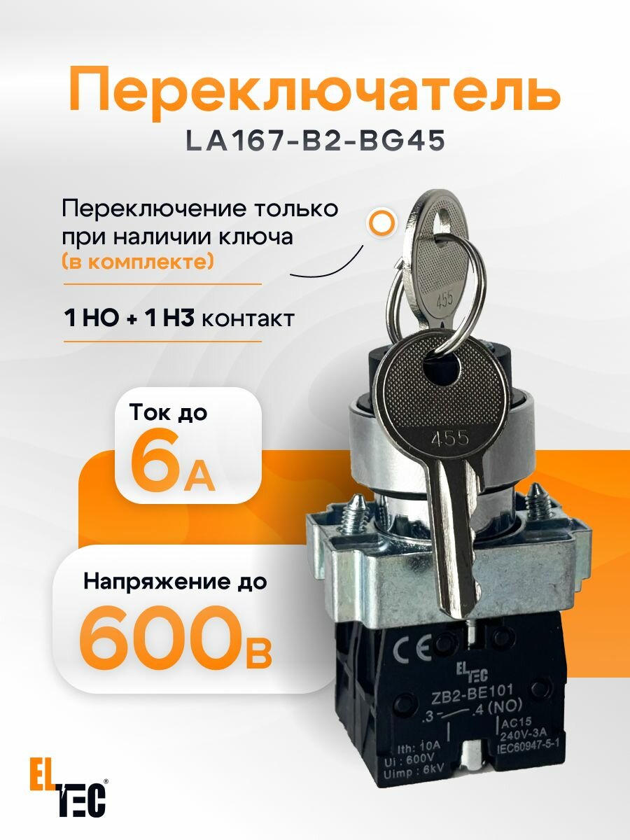 Переключатель на 2 положения, с ключом, без фиксацией ELTEC LA167-B2-BG45 (1NO+1NC)