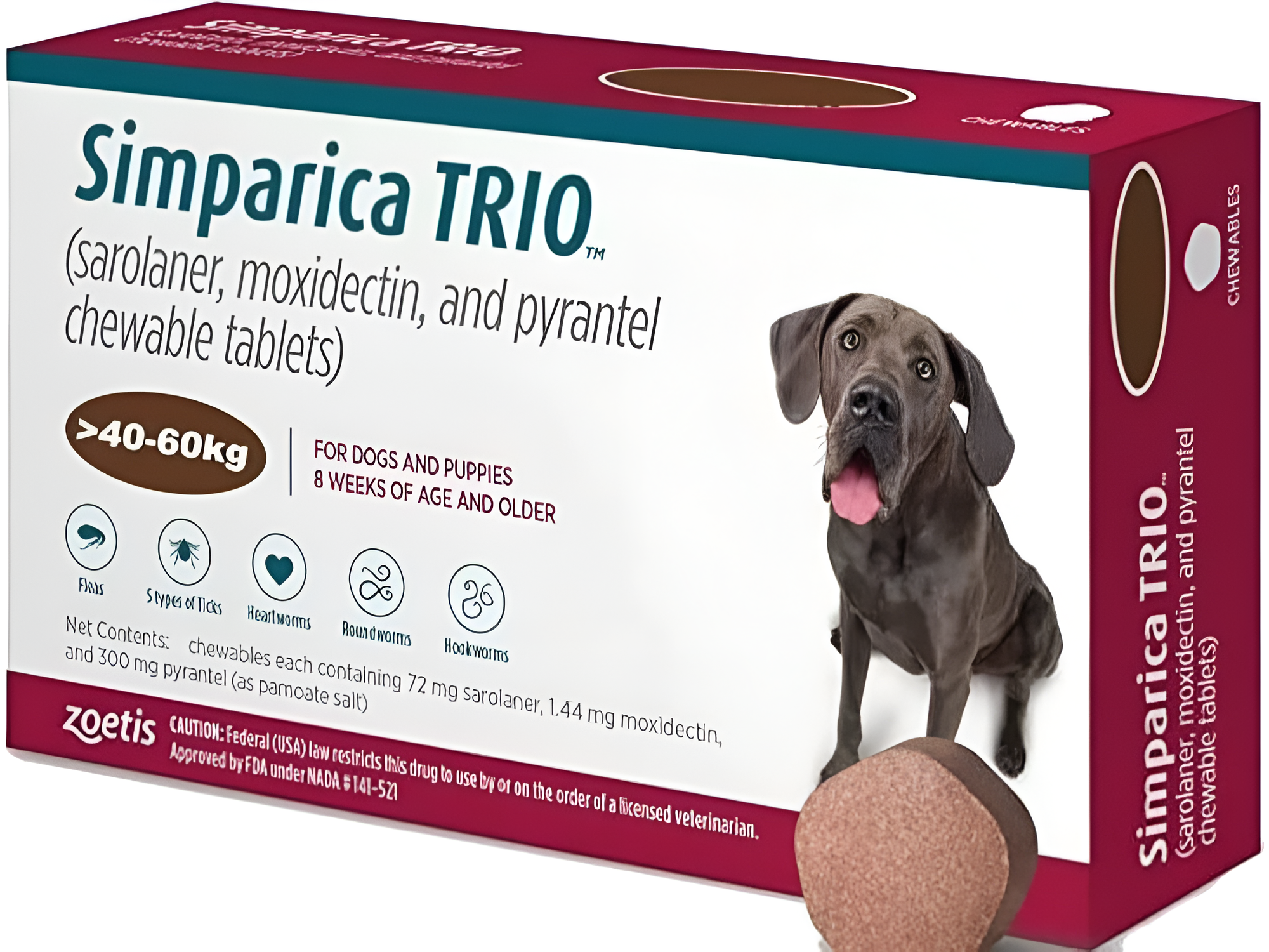 Симпарика трио (Simparico Trio) таблетки для собак, от блох и клещей весом от 40 - 60 кг