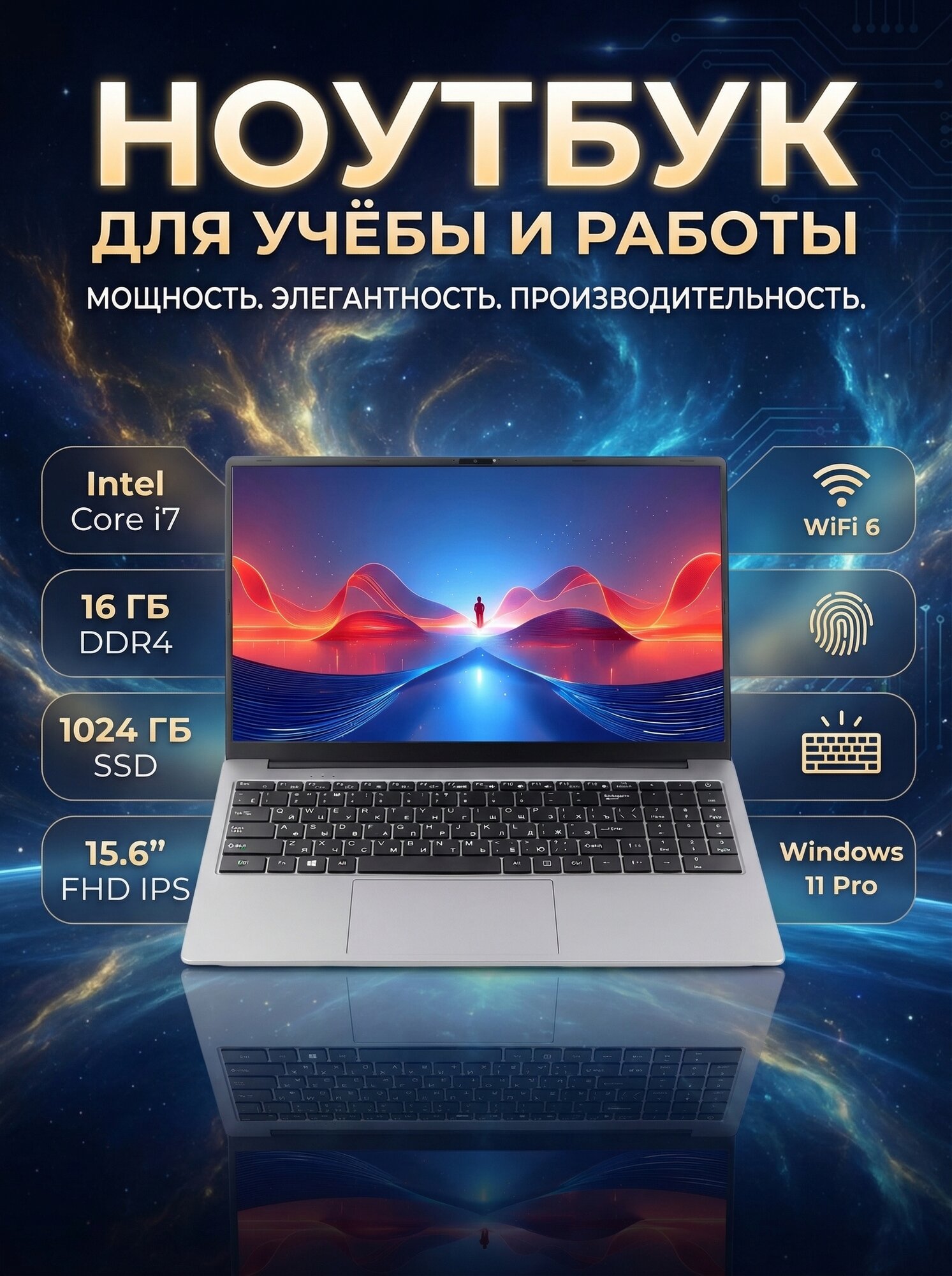 15.6 Ноутбук, для учебы и для работы Intel Core i7 , 16Гб, SSD 1Тб, Windows 11, Русская раскладка