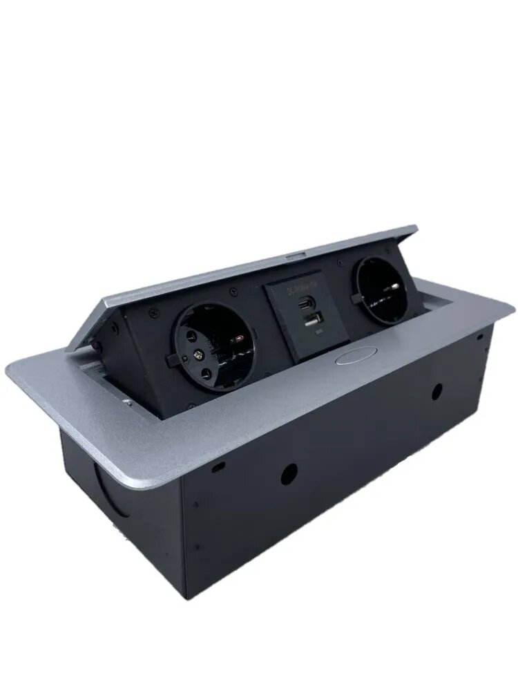 Розетка выдвижная TORO-33-80, 2 Евро+2 USB A+C, Серебристый, подходит для кухонной техники, Гарантия 2 года — фото 1