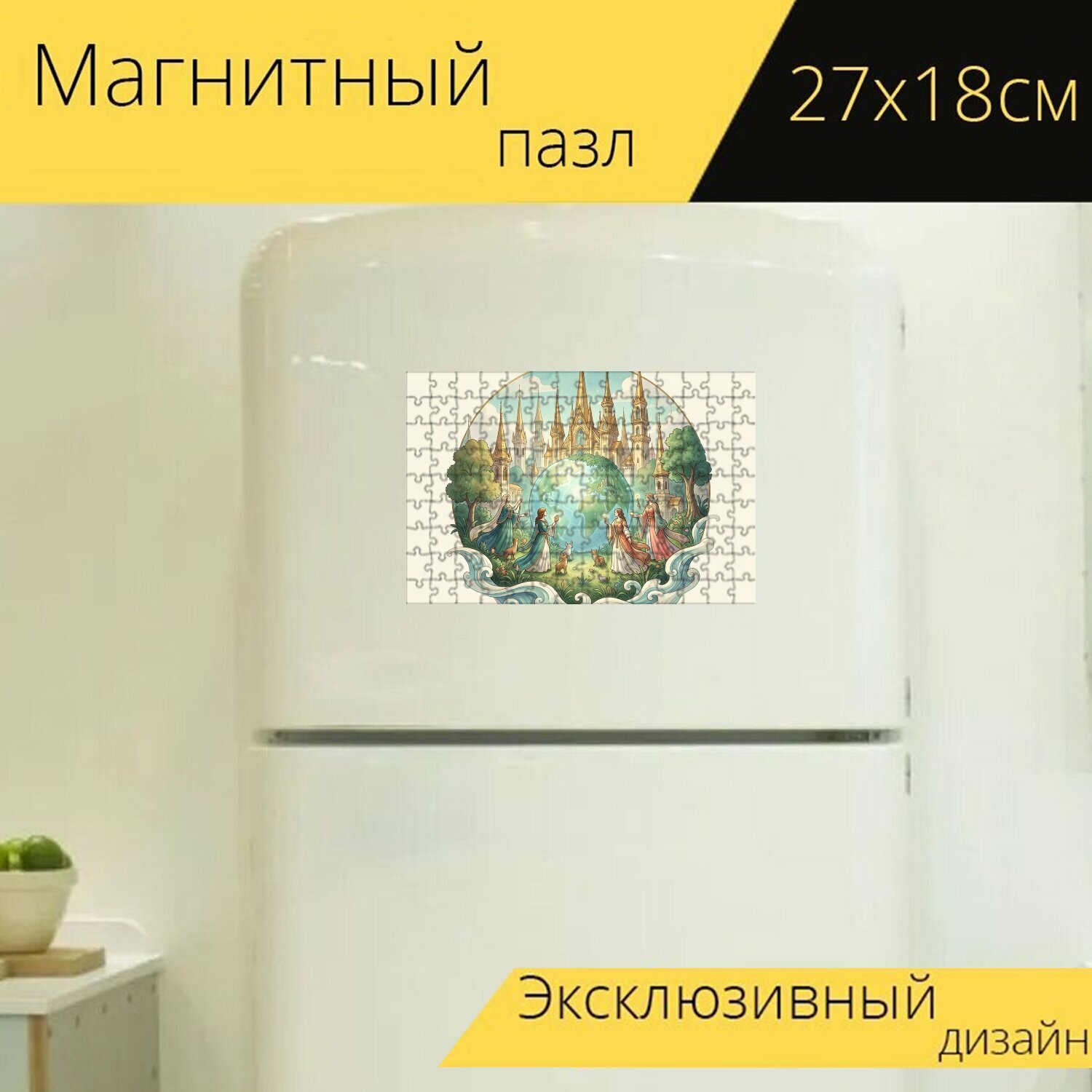 Магнитный пазл "Сказочный замок и Земля. Волшебная иллюстрация с сияющим глобусом, принцессами в длинных платьях, оленями, деревьями и готическими." на холодильник 27 x 18 см.