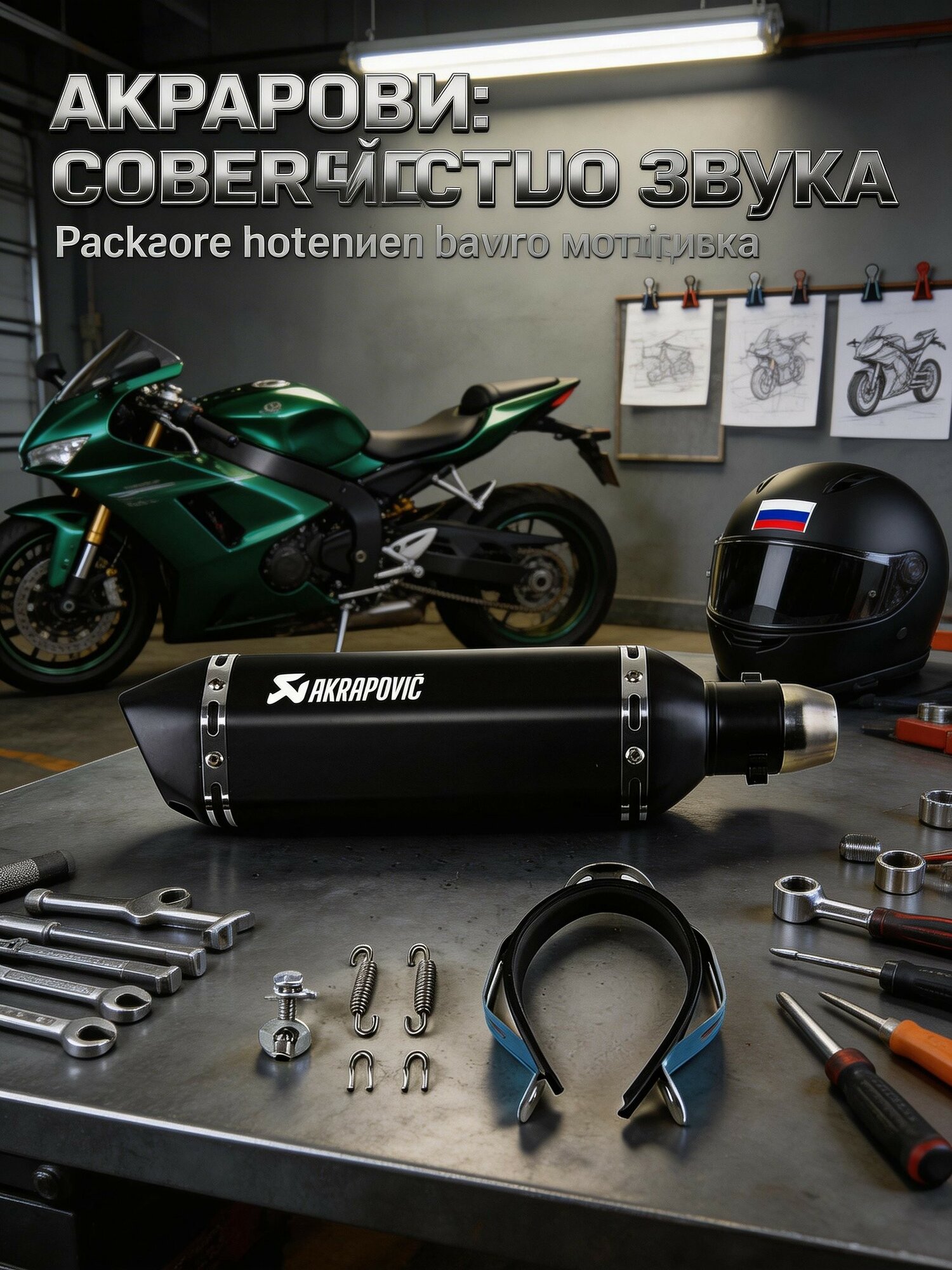 Глушитель на мотоцикл Akrapovic Gasoline, универсальный выхлоп длиной 370 мм с комплектом адаптеров и съемным db killer