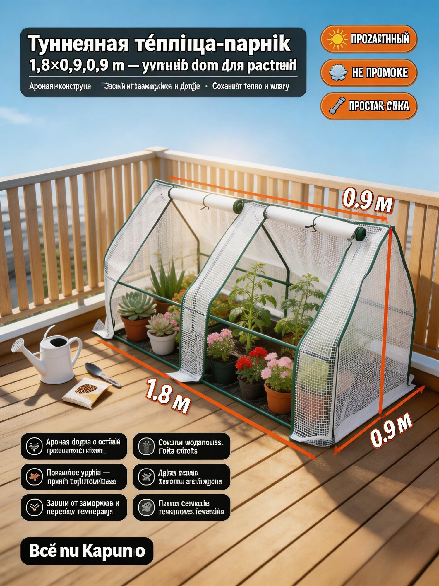 Парник, теплица домиком Теплица * Каркас 1.8х0.9х0.9м, ABS пластик