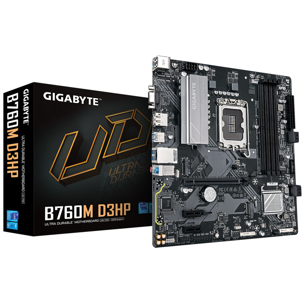 Материнская плата Gigabyte B760M D3HP, уц-2 Socket 1700, Intel®B760, 4xDDR5-5600, D-SUB+HDMI+DP, 1xPCI-Ex16, 2xPCI-Ex1, 4xSATA3(RAID 0/1/5/10), 2xM.2, 8Ch Audio, GLan, (2+4)xUSB2.0, (3+2)xUSB3.2, (0+1)xUSB3.2 Type-C™, 1xPS/2, ATX, RTL