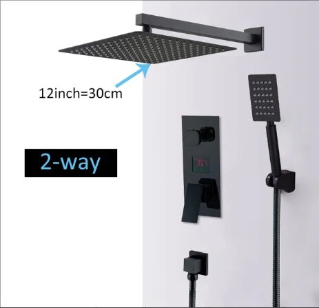 Черный матовый смеситель для душа в ванной 8'10'16' с цифровым дисплеем, дождевой душ, водопадный душ, смеситель для ванны, 2 спуска, 12 дюймов