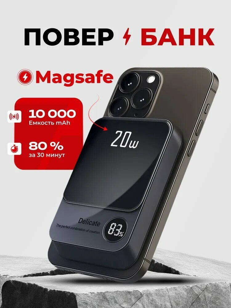 Повербанк MagSafe, для iPhone, 10 000mAh, беспроводной, чёрный, чёрный матовый