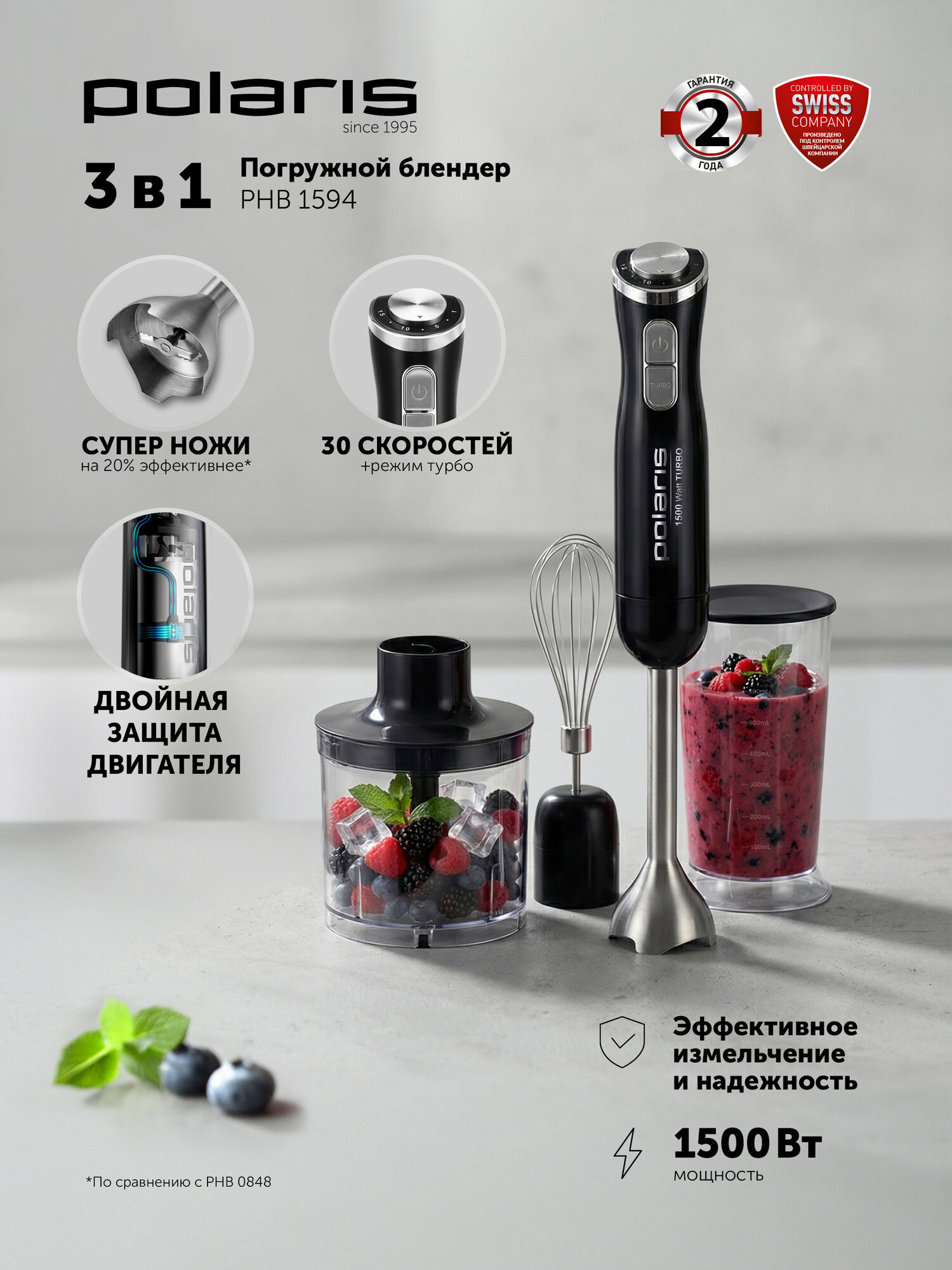 Блендер погружной мощный с измельчителем Polaris PHB 1594, черный