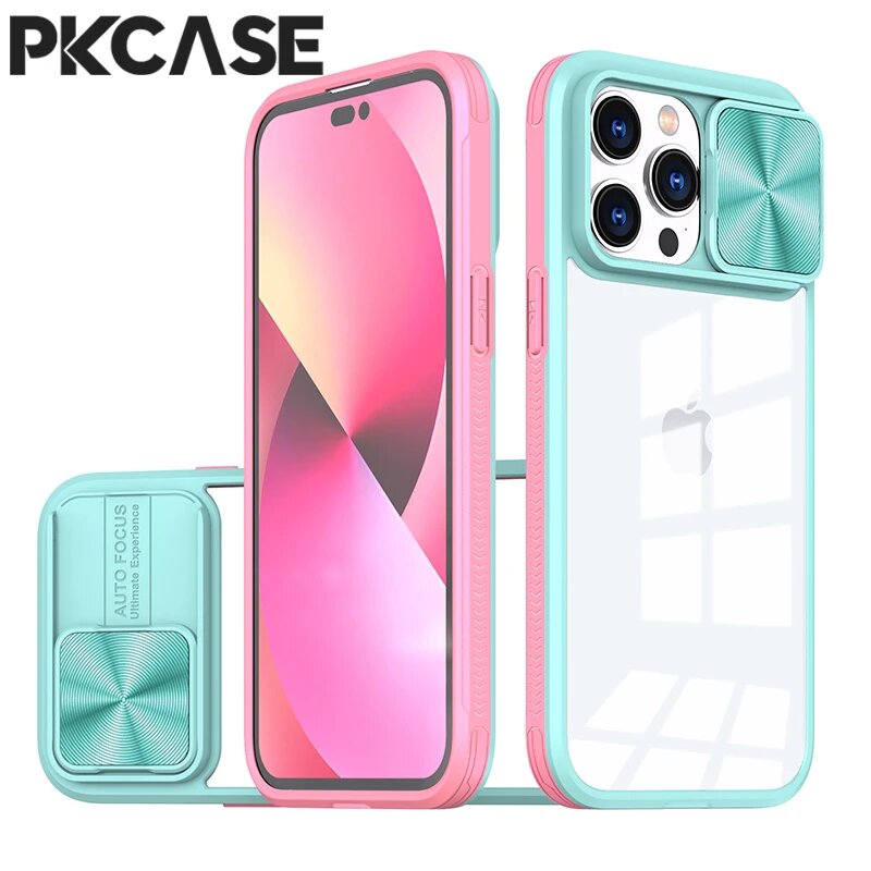 Противоударный прозрачный чехол PKCASE с выдвижной шторкой для Айфон 13 Про Макс, Мульти, Blue Pink