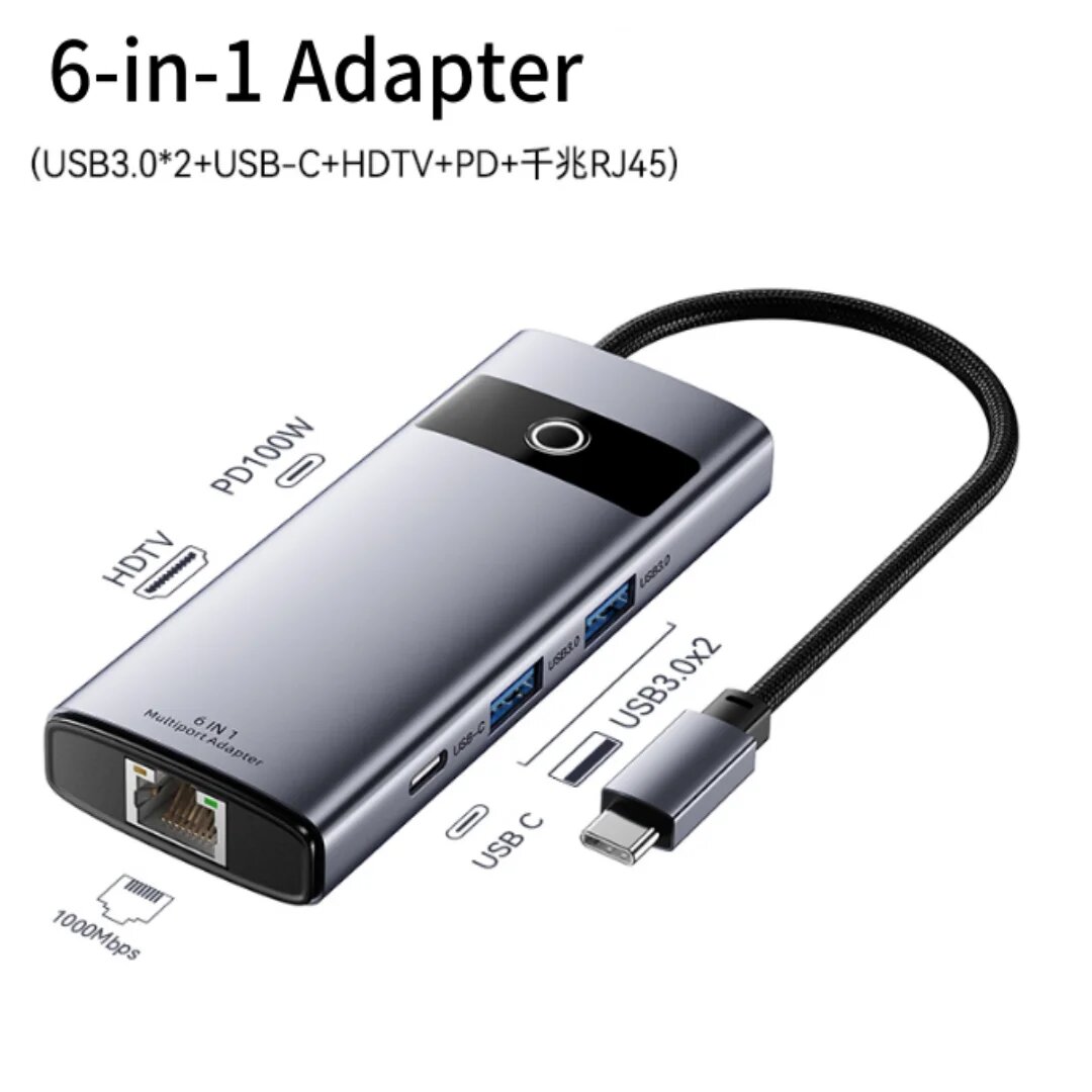 6-в-1 USB C адаптер с HDMI, USB 3.0, RJ45, PD 100W