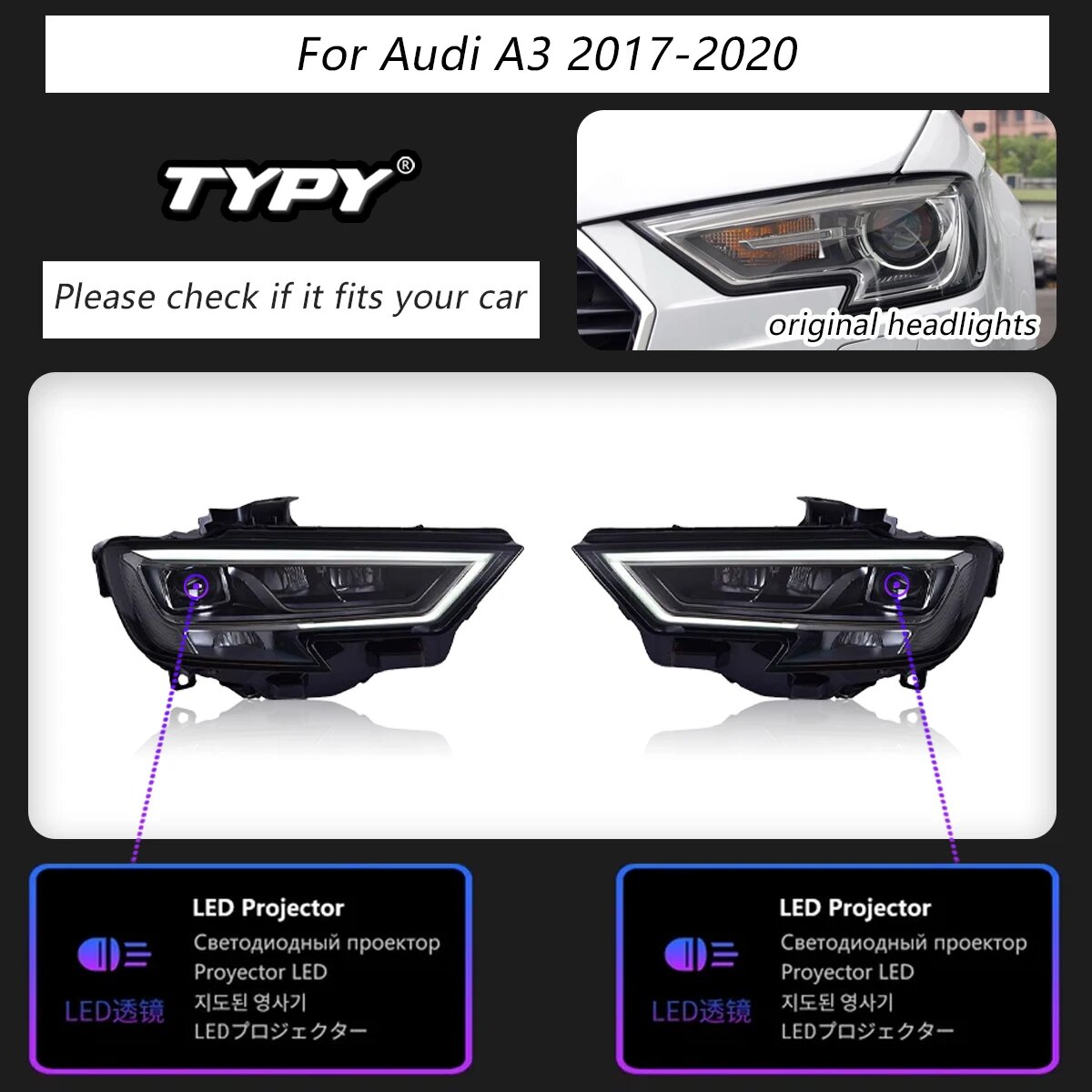 Фара для автомобилей TYPY для Audi A3 2017-2020 LED-автомобильные фары дневные ходовые огни динамические поворотные сигналы автомобильные аксессуары