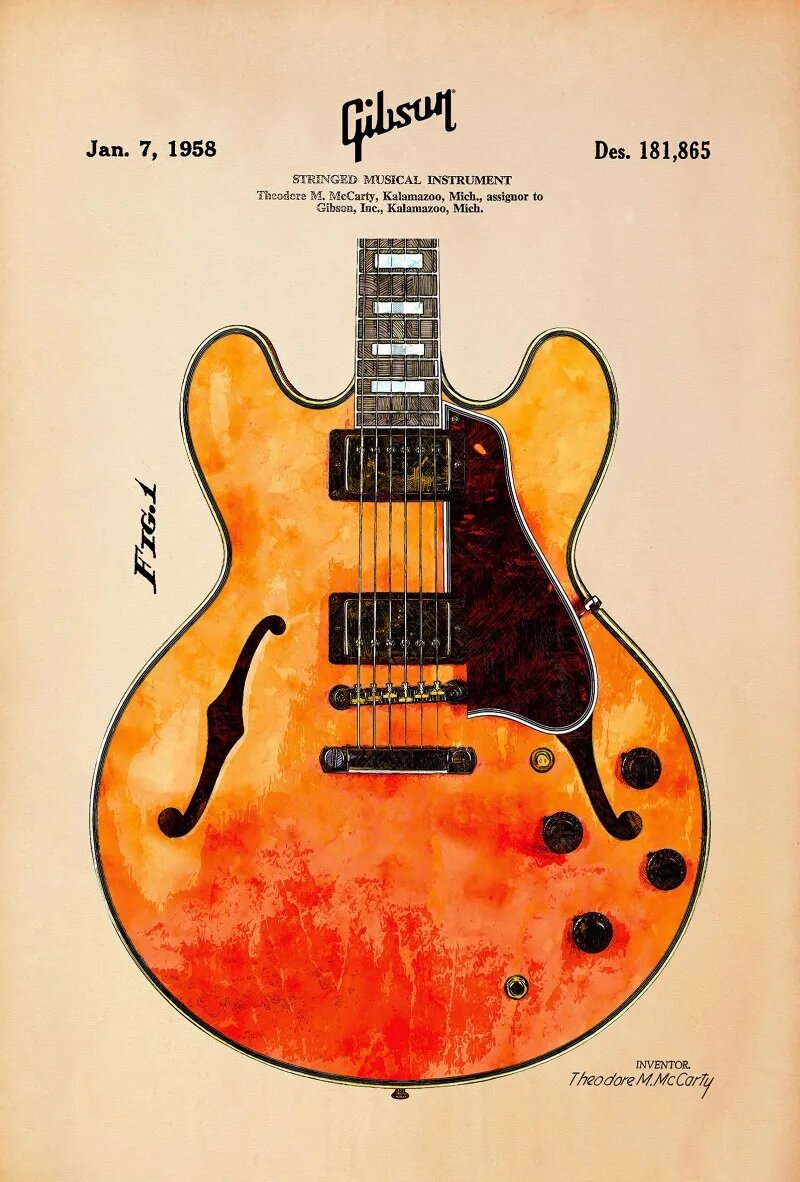 Электрогитара Gibson Плакат на холсте 30x40см, цвет 7
