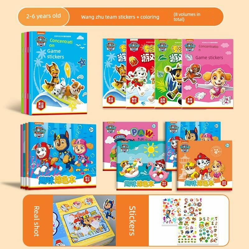 Комплект раскрасок и наклеек PAW Patrol для детей, 8 книг с 36-цветными масляными карандашами, возраст 3-6 лет
