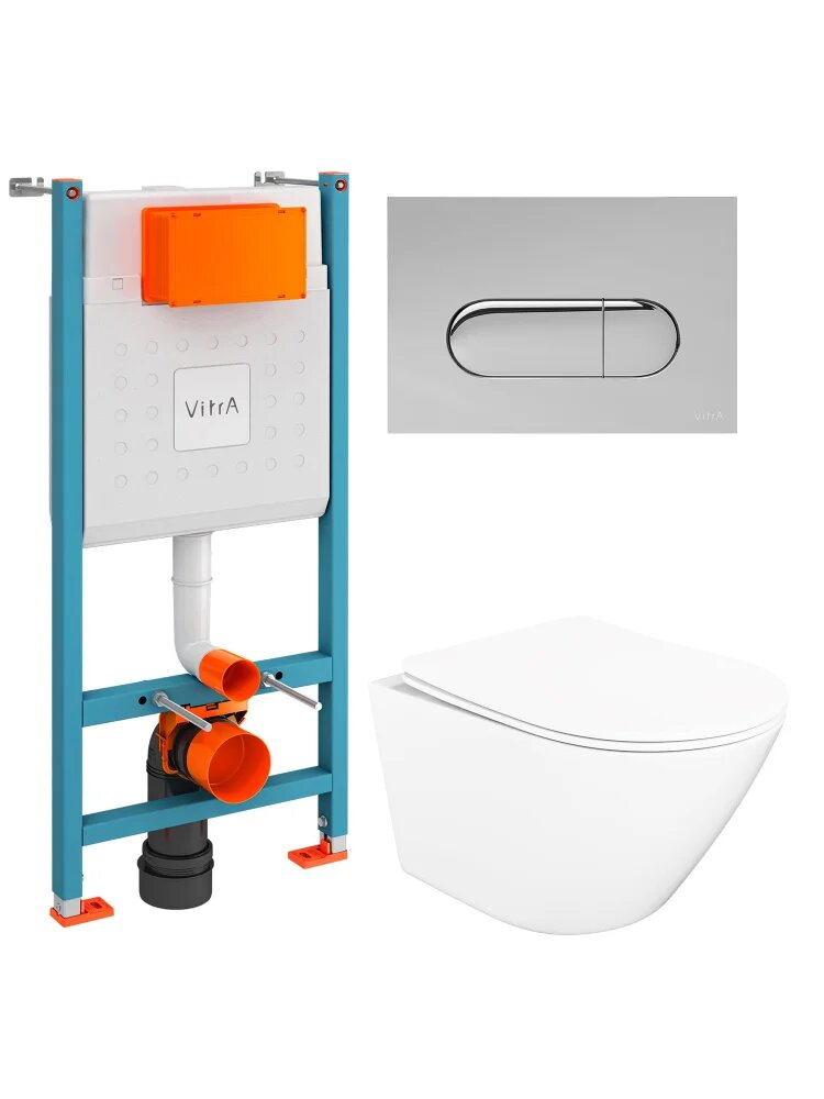 Комплект 4 в 1: Инсталляция VitrA Ви-Фикс Кор (V-Fix Core) 732-5800-01 / Унитаз подвесной STWORKI Левангер S07401WH безободковый, с микролифтом / Кнопка Рут Раунд (Root Round) 740-2280, хром, Комплект креплений