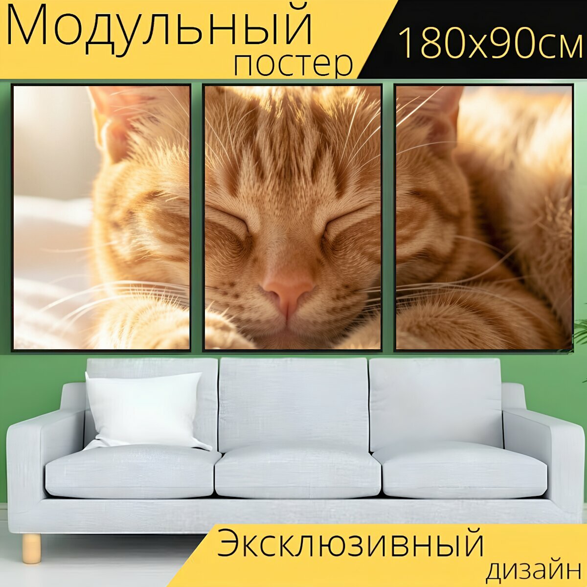Модульный постер "Спящий рыжий котенок. Уютный домашний питомец с закрытыми глазами, мягкая пушистая шерсть в теплых золотисто-бежевых." 180 x 90 см. для интерьера на стену в тубусе