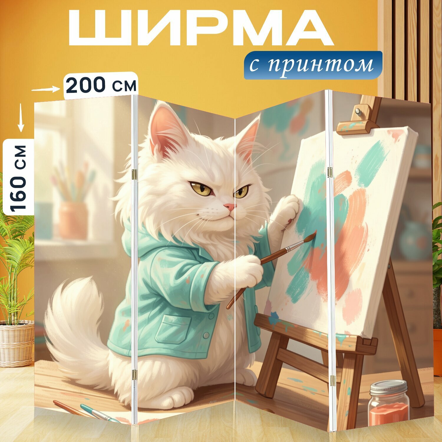 Ширма "Белый кот с мольбертом. Милый пушистый питомец в мятной толстовке рисует акварелью у холста, вокруг." перегородка для зонирования комнаты с принтом 200x160 см. на холсте