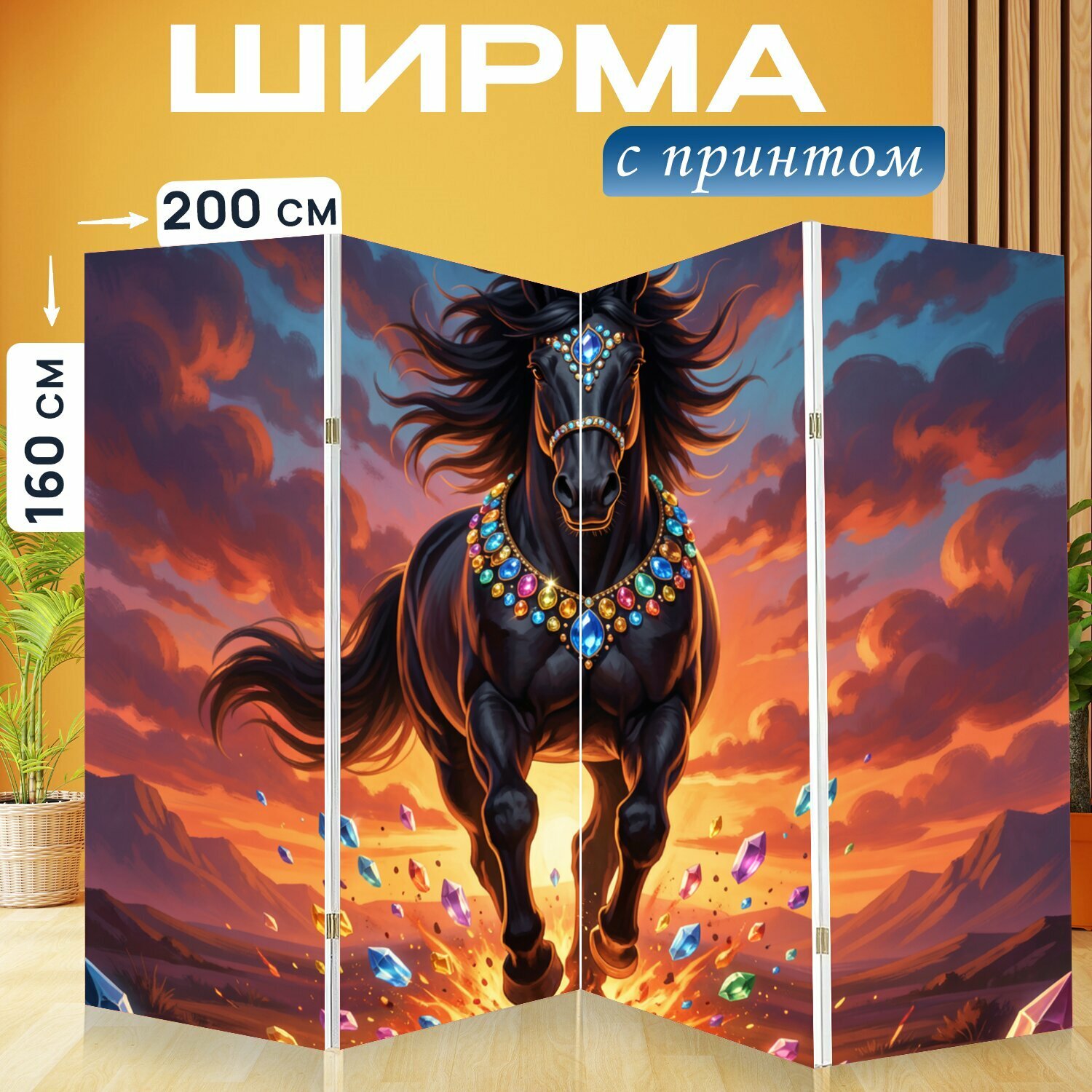 Ширма "Черный конь с драгоценностями. Фантазийный жеребец мчится навстречу на фоне огненного заката и." перегородка для зонирования комнаты с принтом 200x160 см. на холсте