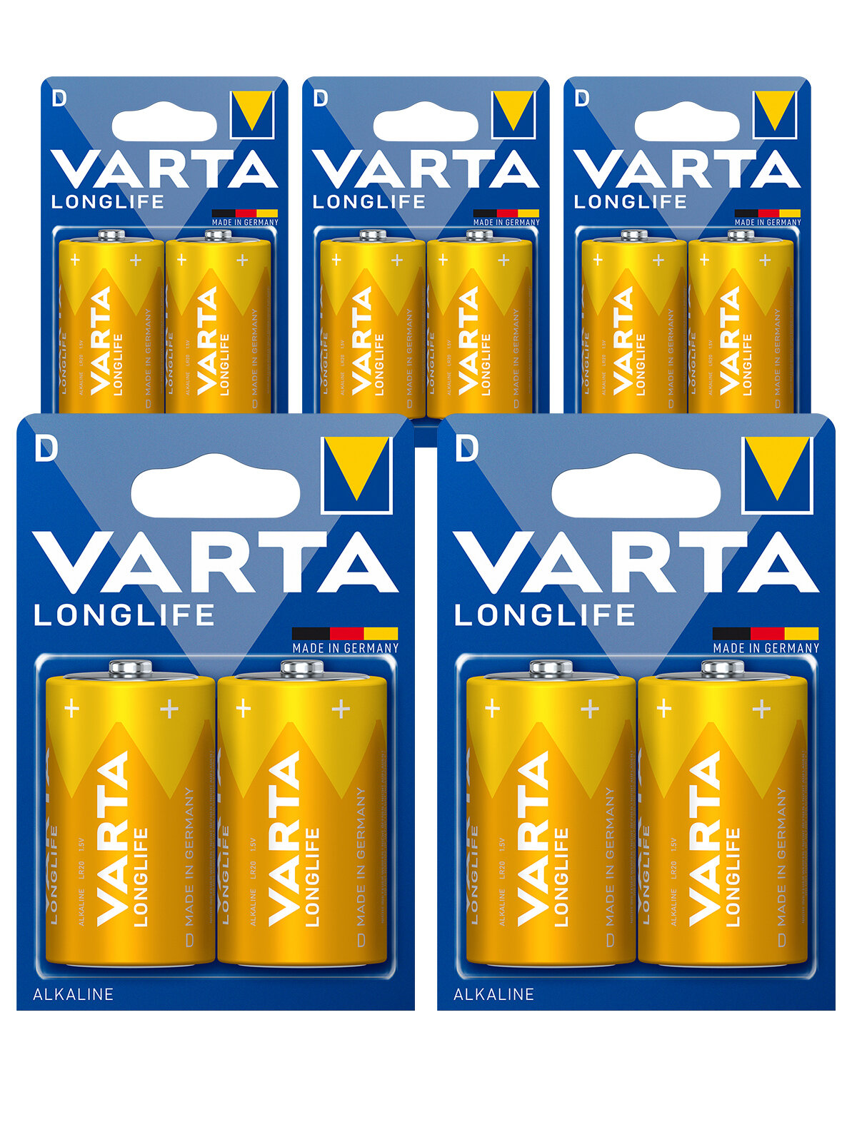 Батарейки D VARTA LONGLIFE D / LR20 щелочные 5 блистеров 10 шт