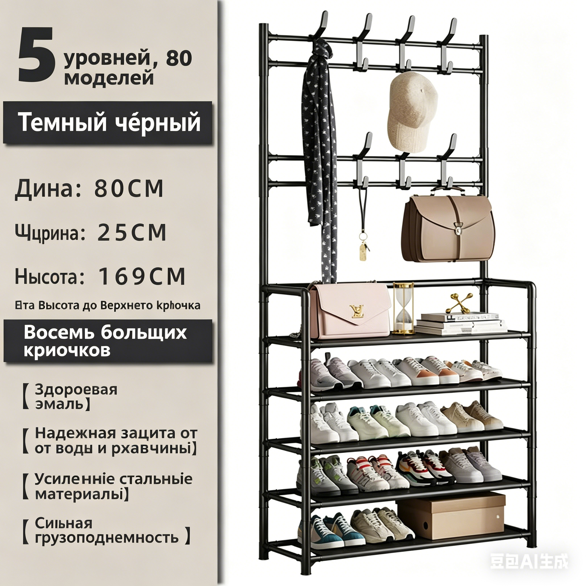 5-ярусная обувница с крючками, для прихожей, стальная, черная, 80×25×169 см