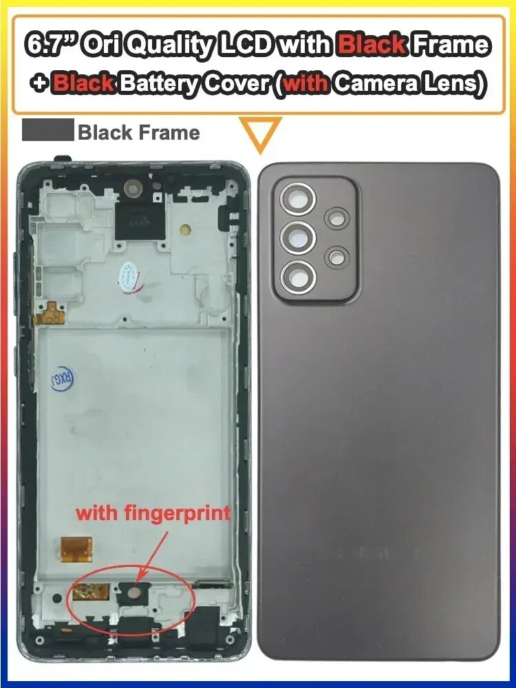 Samsung Galaxy A72 LCD 6.7" с черной рамкой и батарейной крышкой