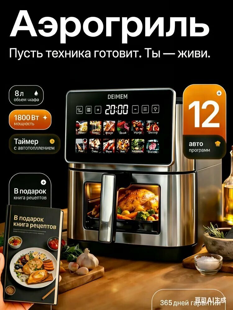 Аэрогриль DEIME RA811DSV-1, 8л, 1800Вт, с сенсорным управлением, с таймером, чёрный
