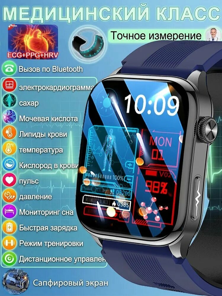 Смарт-часы Новые сверхточные умные часы для измерения уровня липидов в крови, ЭКГ, частоты сердечных сокращений, артериального давления, NFC health smart watches 2026, 48mm, синий