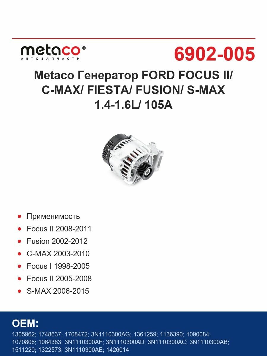 Metaco Генератор FORD FOCUS II/ C-MAX/ FIESTA/ FUSION/ S-MAX 1.4-1.6L/ 105A