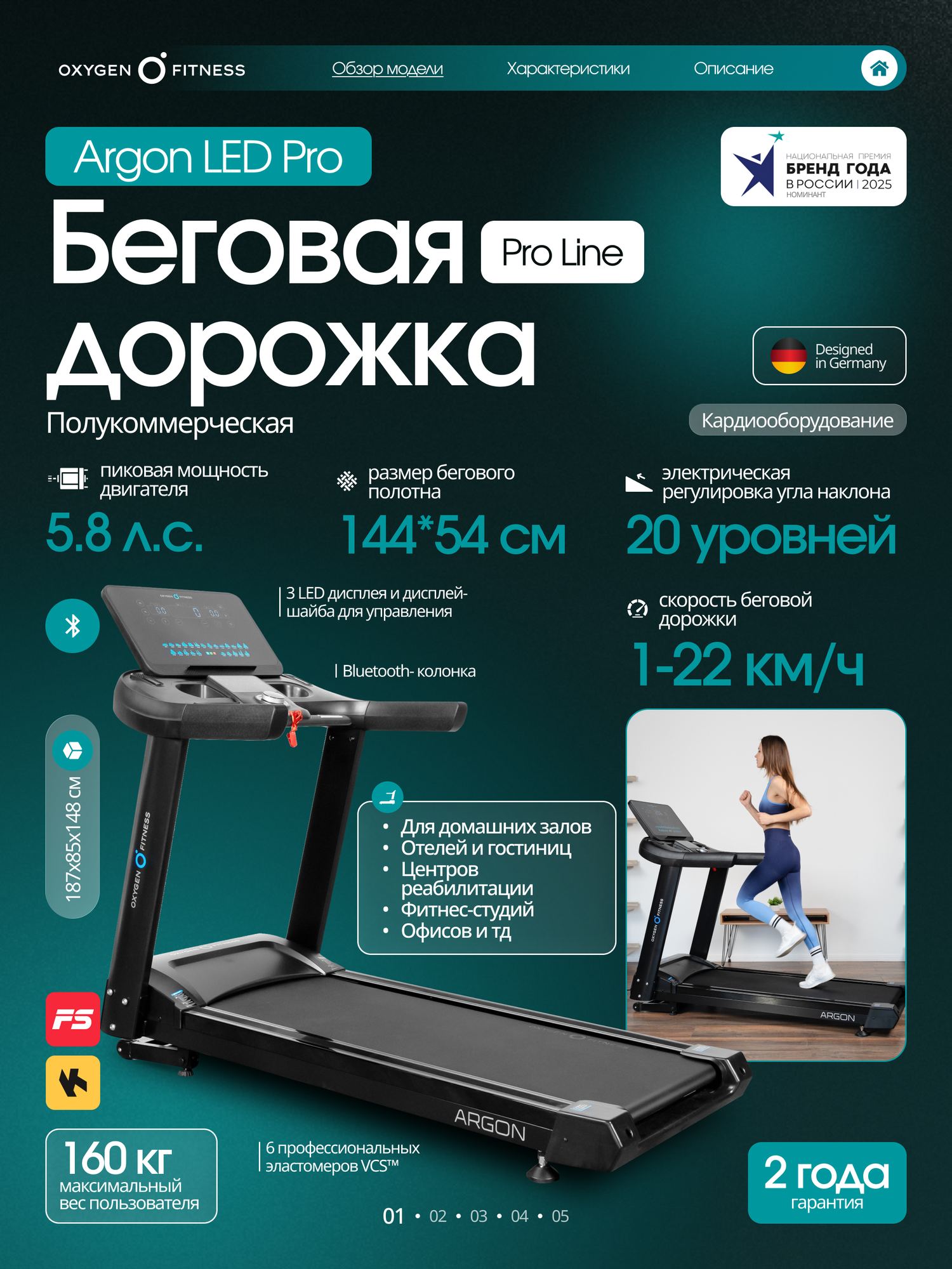 Беговая дорожка электрическая складная для дома OXYGEN FITNESS ARGON LED PRO