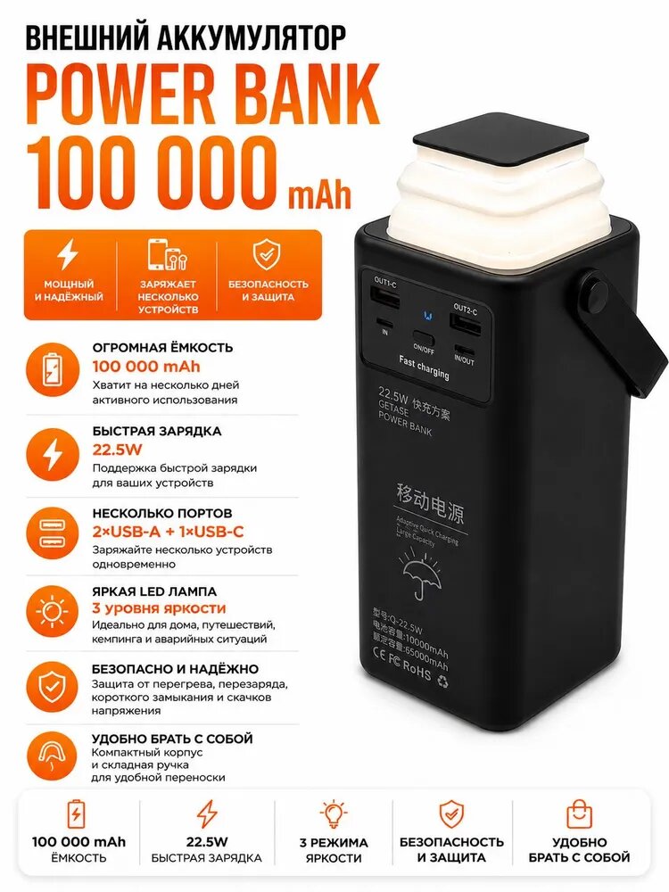 Внешний аккумулятор, 100000 мАч, 22.5 Вт, черный, черный матовый