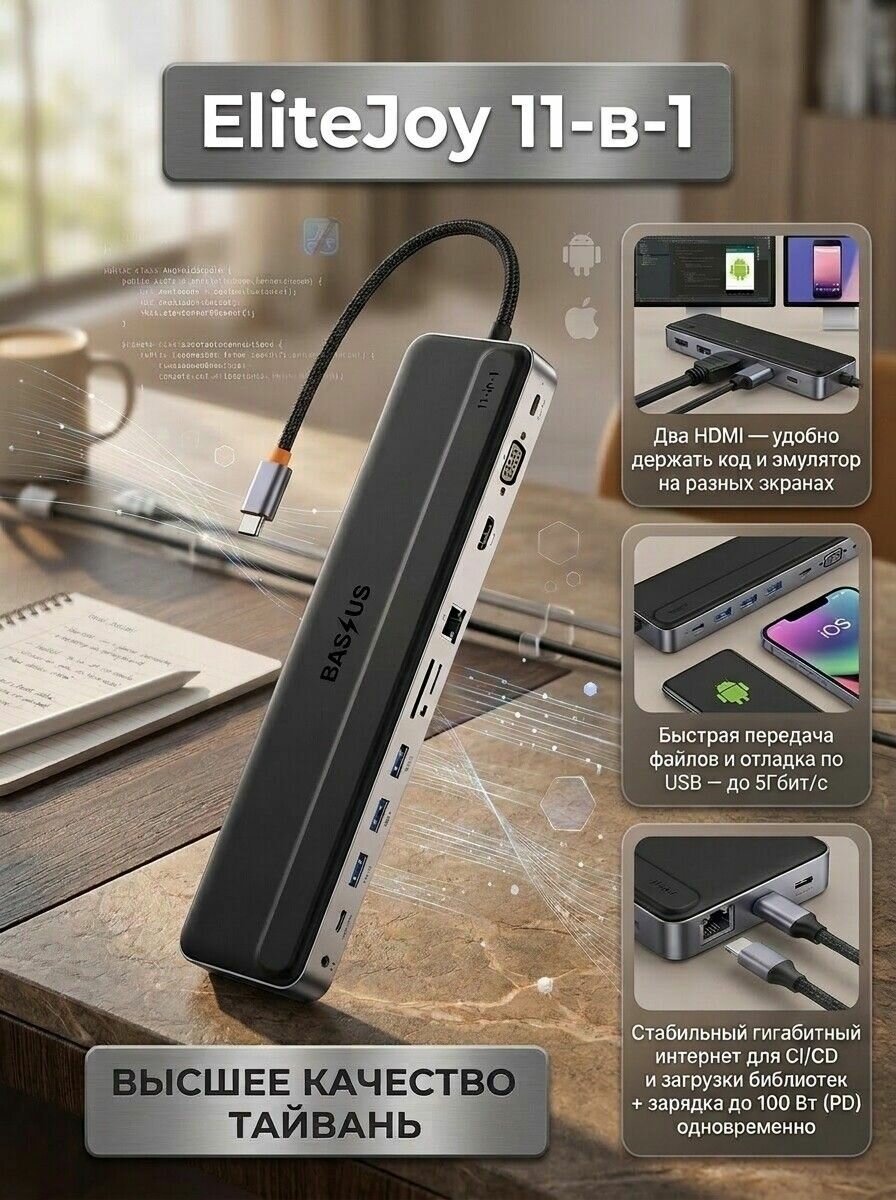 USB разветвитель Хаб подставка EliteJoy 11-в-1 USB-C hub adapter / Адаптер / USB Концентратор / USB-Хаб / 2 HDMI, RJ45, 3 USB 3.0, SD/TF, VGA, AUX, PD 100W