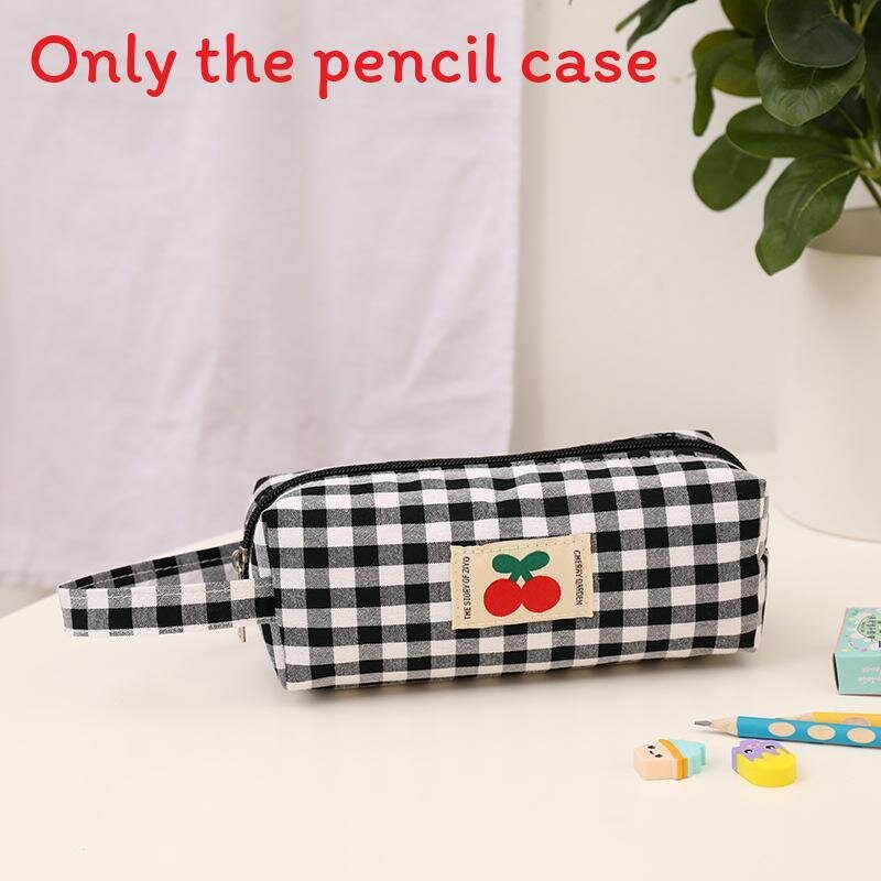 Girl checkered embroidered pencil case large capacity storage organizer for school and office use black