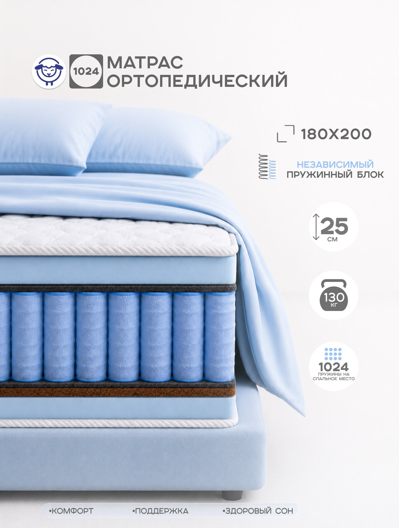 Матрас 180х200 см, ортопедический, на независимых пружинах Ортис " Премиум Мега"