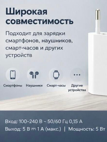 Блок питания USB, белый, защита от перегрева, компактный, 5Вт, без кабеля — фото 1
