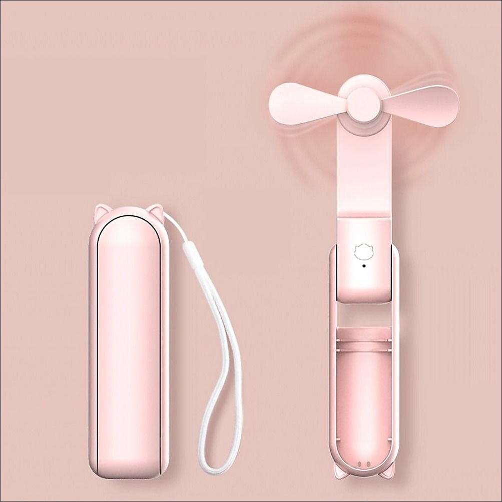 Портативный вентилятор , складной, розовый, с ушками, USB-зарядка