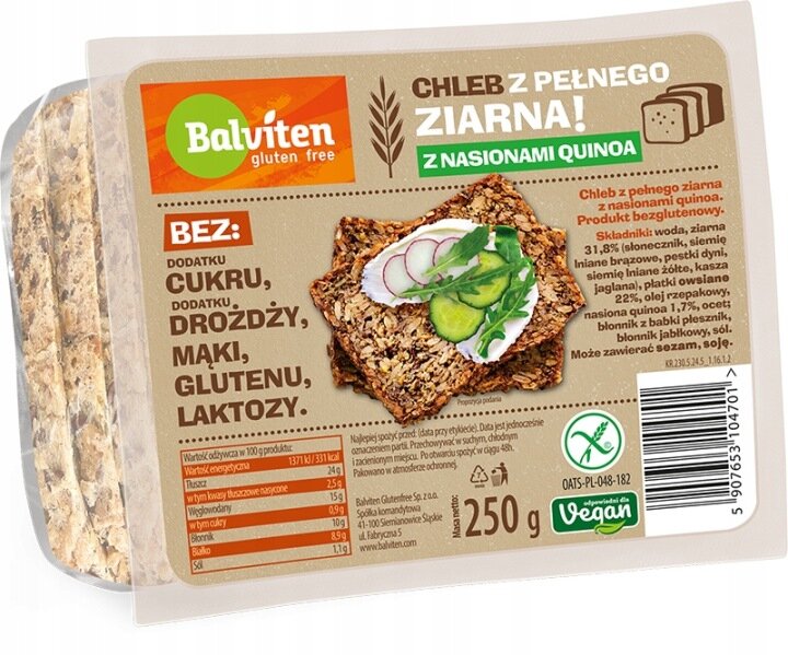 Цельнозерновой хлеб с семенами киноа Balviten без глютена 3 шт x 250г