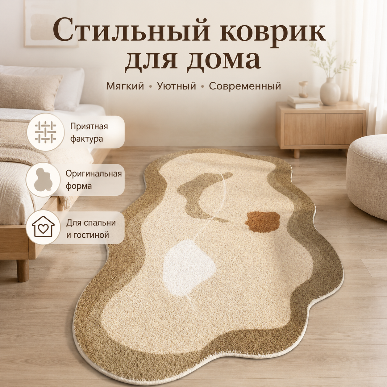 Мягкая ковровая дорожка волнистой формы с цветочным узором для спальни у кровати, 140x120cm