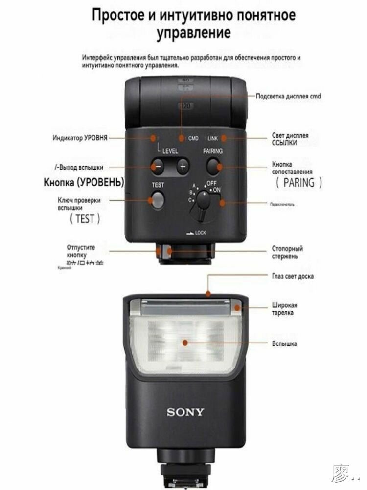 Вспышка Sony для фотоаппаратов, черная, с прозрачным рассеивателем, компактная — фото 1