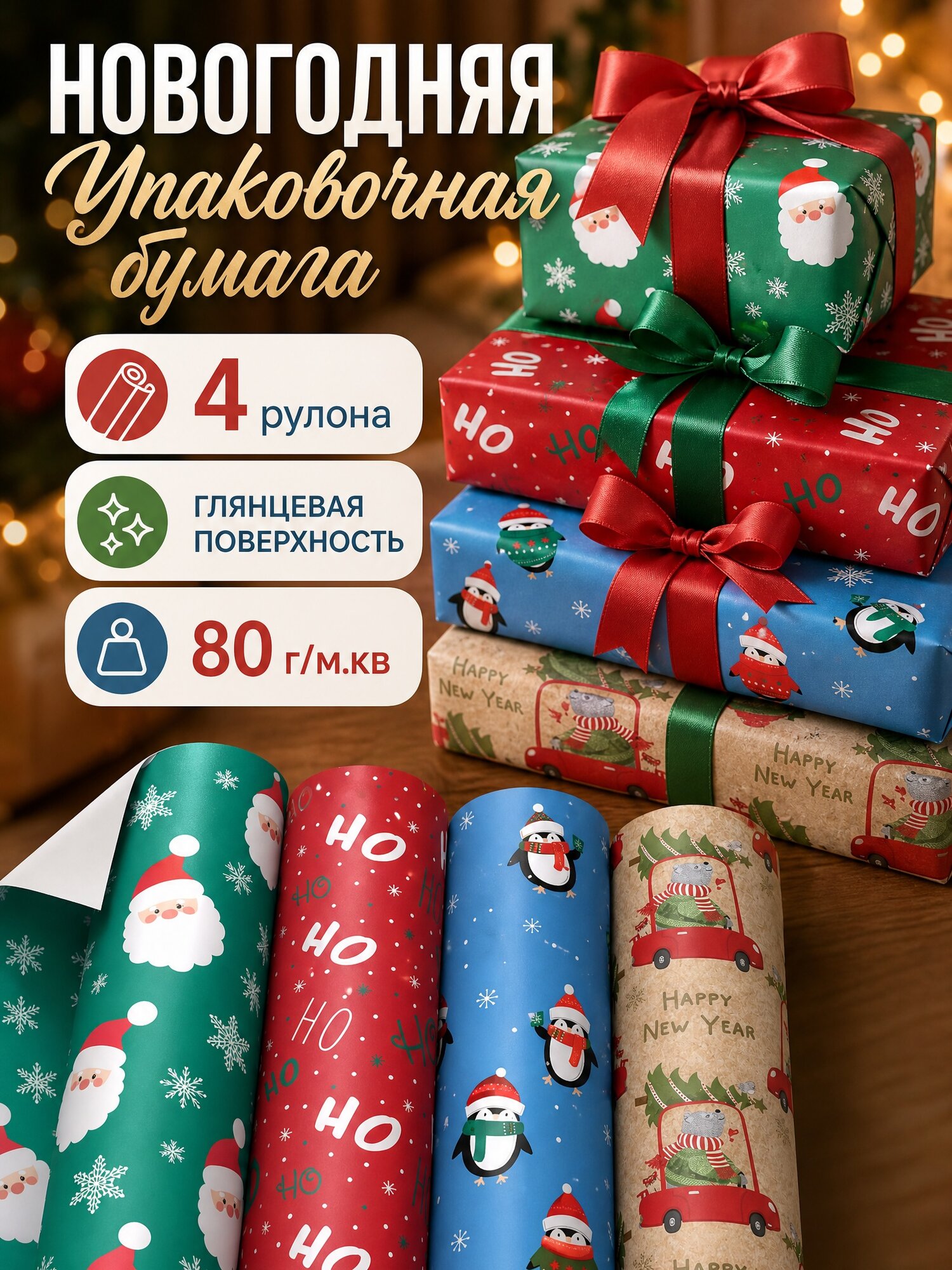 Упаковочная новогодняя бумага: 4 рулона "Время чудес"