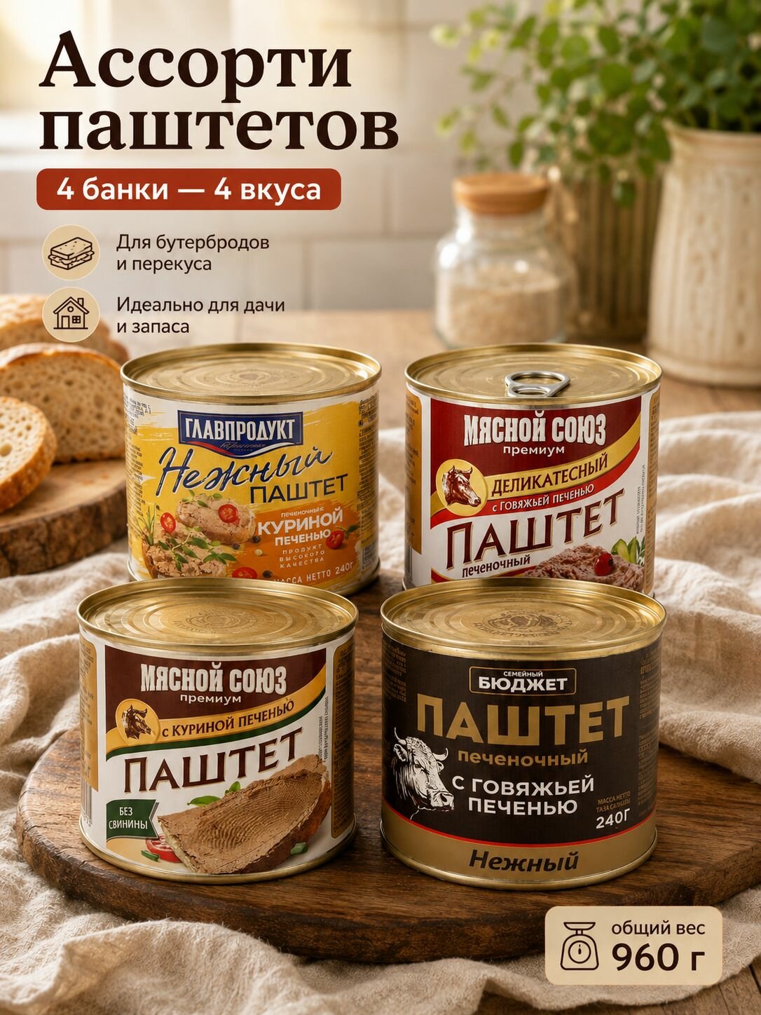Ассорти паштетов 4 шт 240 г, Мясной Союз, Семейный Бюджет и Главпродукт
